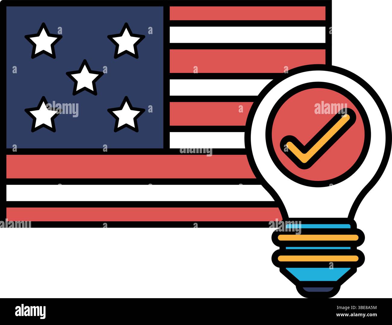 A light bulb is shown next to the American flag. The light bulb is lit ...