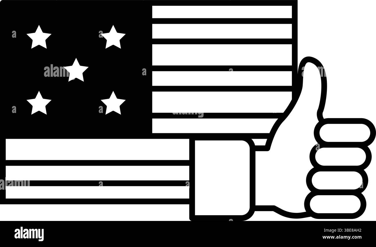 A black and white image of a thumbs up sign on top of an American flag ...