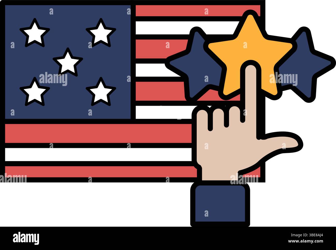 A hand is pointing to a star on an American flag. Concept of patriotism ...