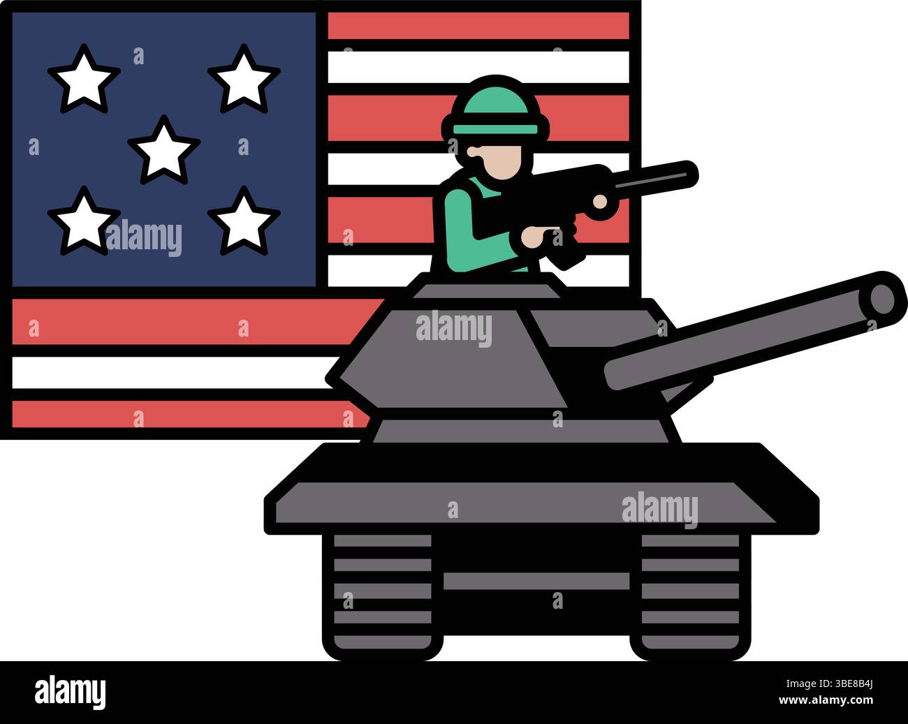 A soldier is riding a tank in front of an American flag. The tank is a ...