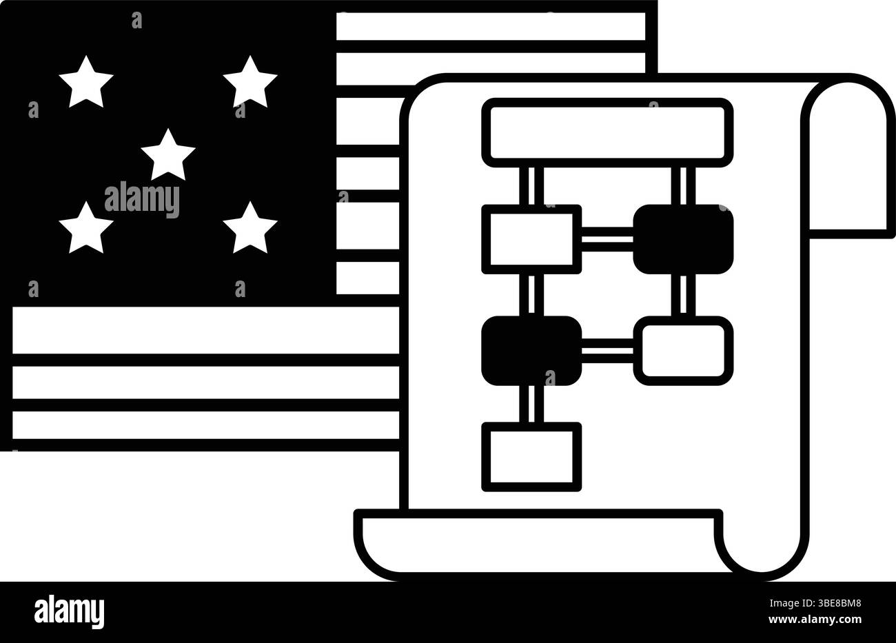 A black and white image of the American flag with a white paper with a ...