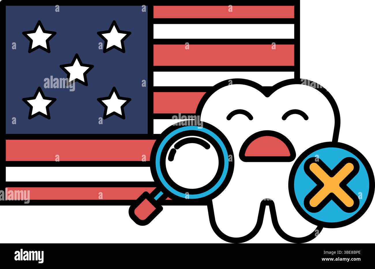A tooth is shown with a magnifying glass and an American flag in the ...