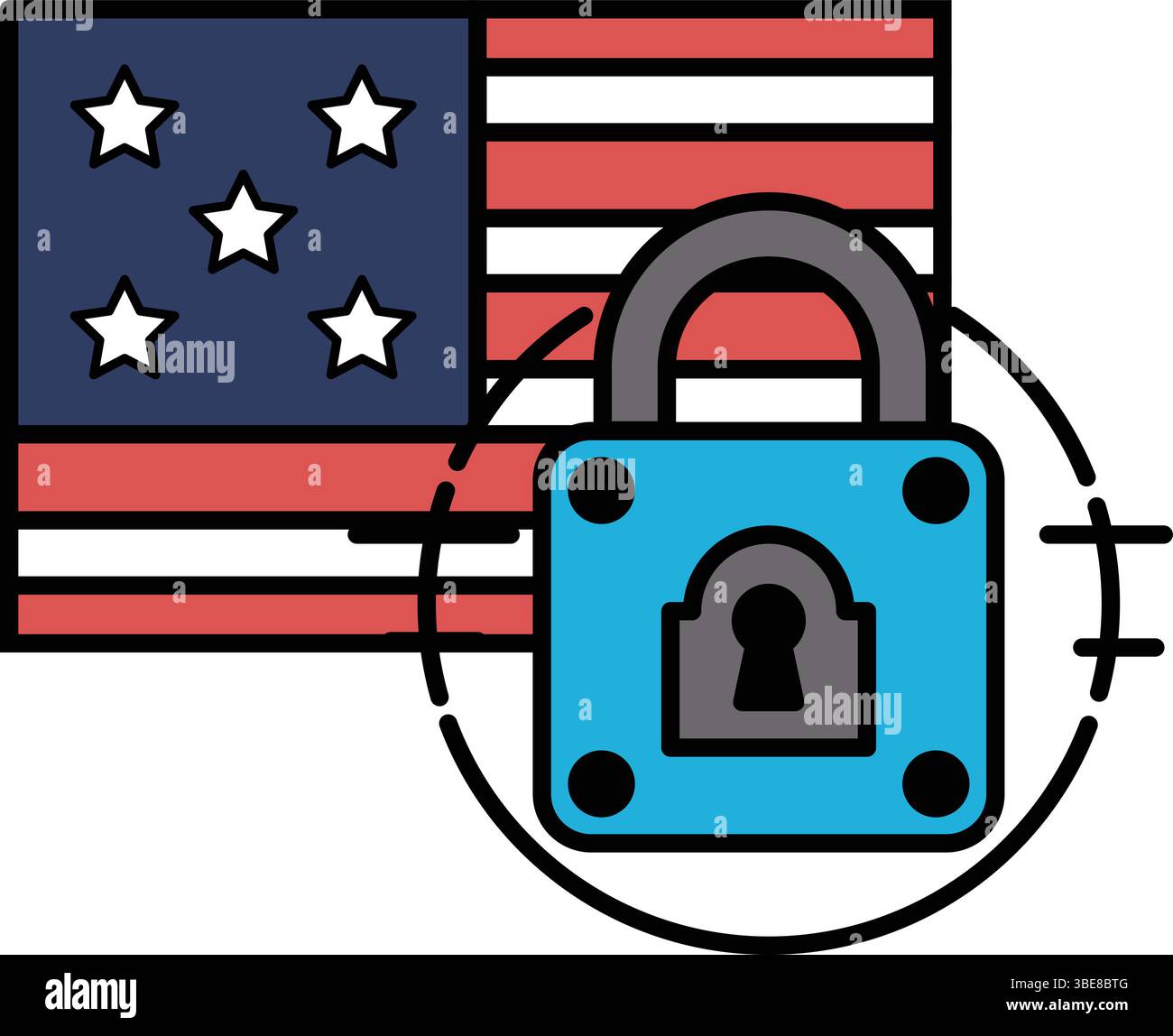 A blue lock with a keyhole is on a red, white, and blue American flag ...