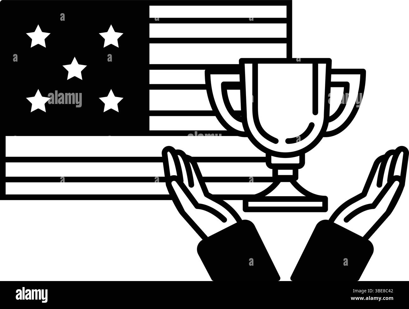 A black and white image of two hands holding a trophy in front of an ...