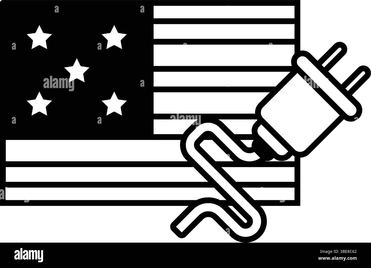 A black and white image of an American flag with a plug on it. The plug ...