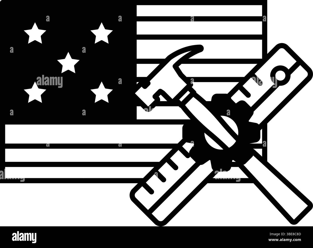 A hammer and a ruler are on top of an American flag. The hammer and ...