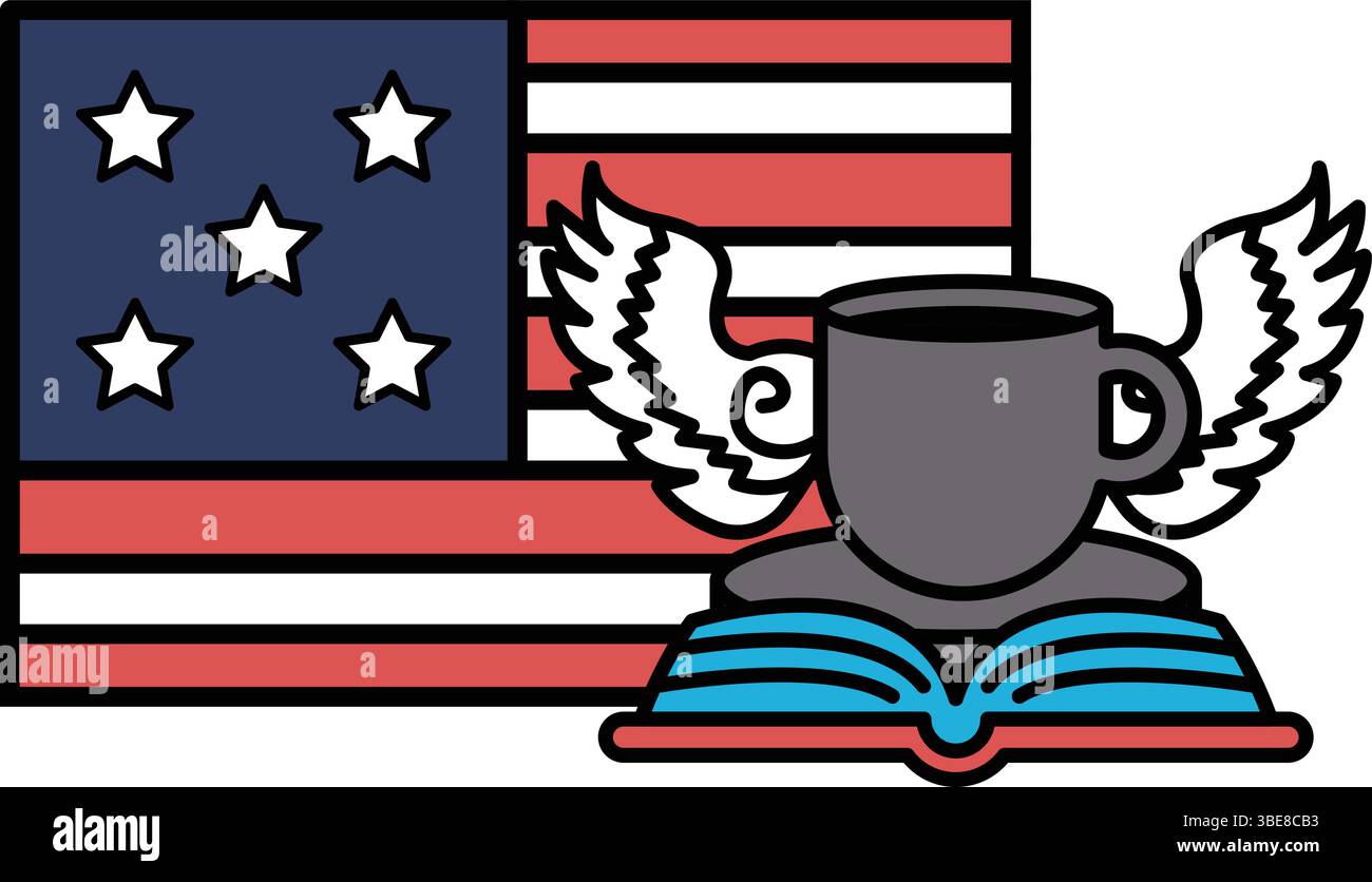A patriotic image of the United States with a cup and a book on top of ...