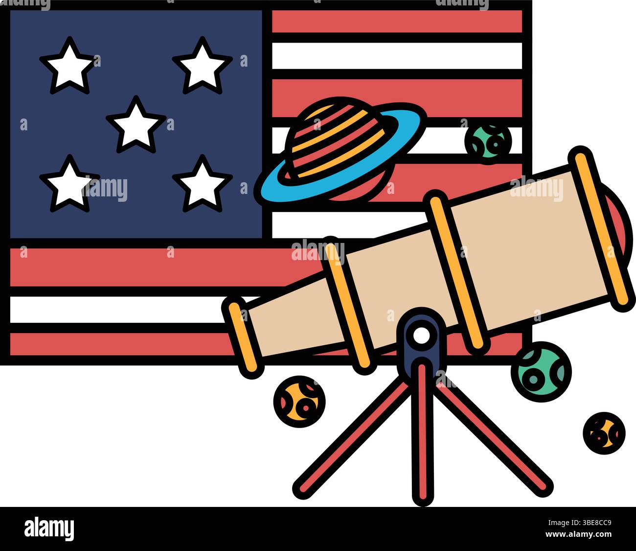 A cartoon of a telescope and a flag with stars on it. The telescope is ...