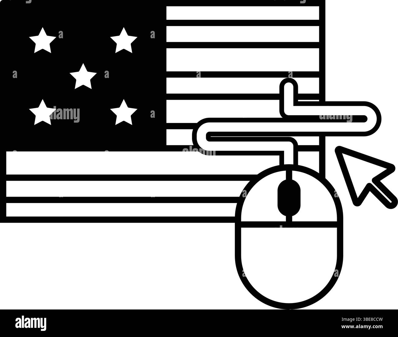 A black and white image of the American flag with a mouse cursor on it ...