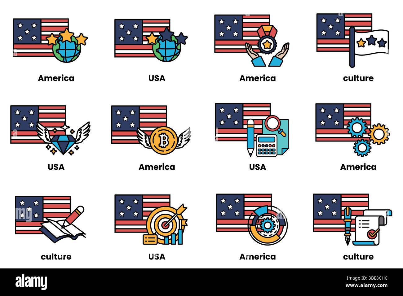 A series of American flags with various symbols and icons. The flags ...