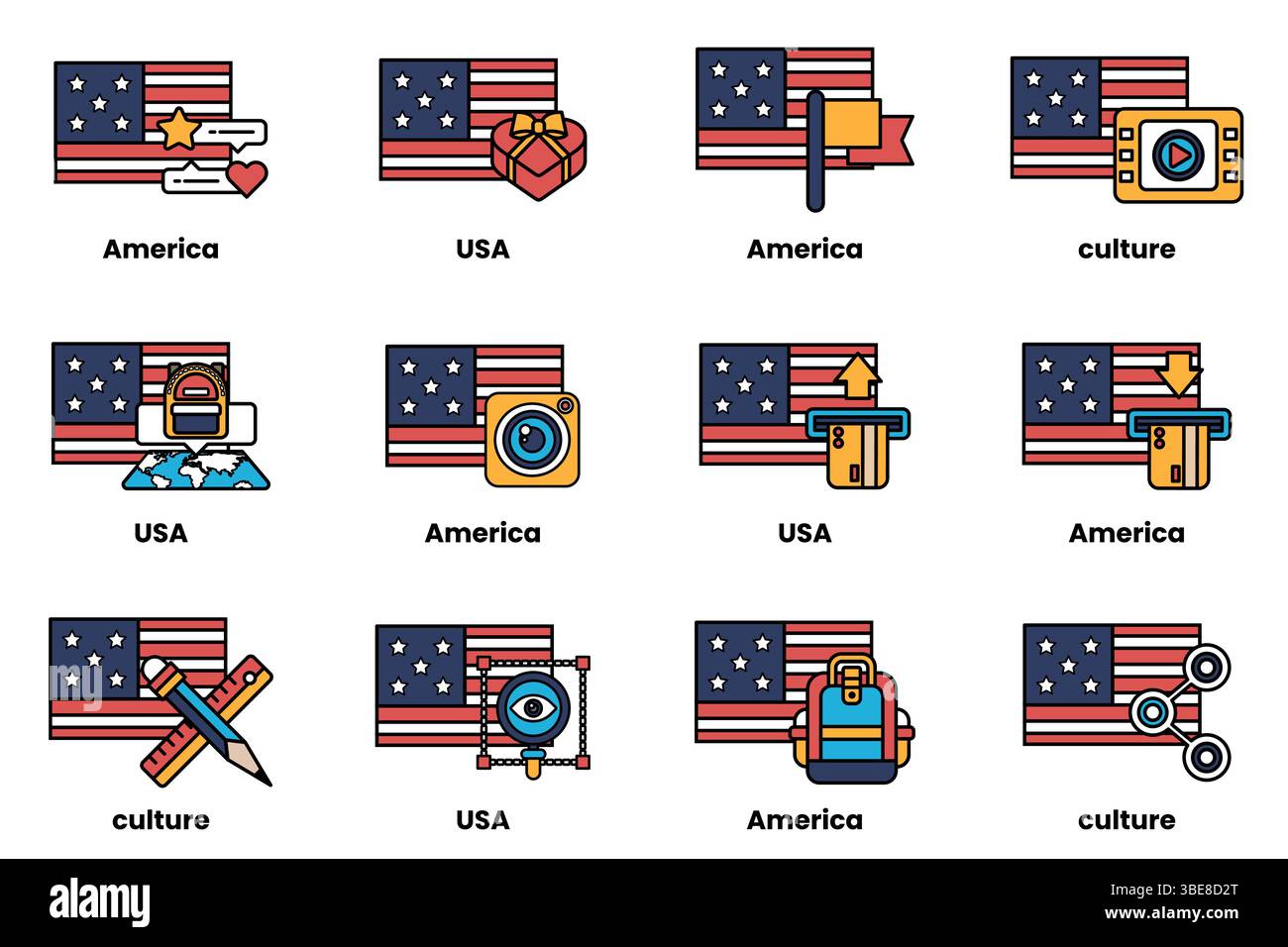 A set of American flags with various icons and symbols. The flags are ...