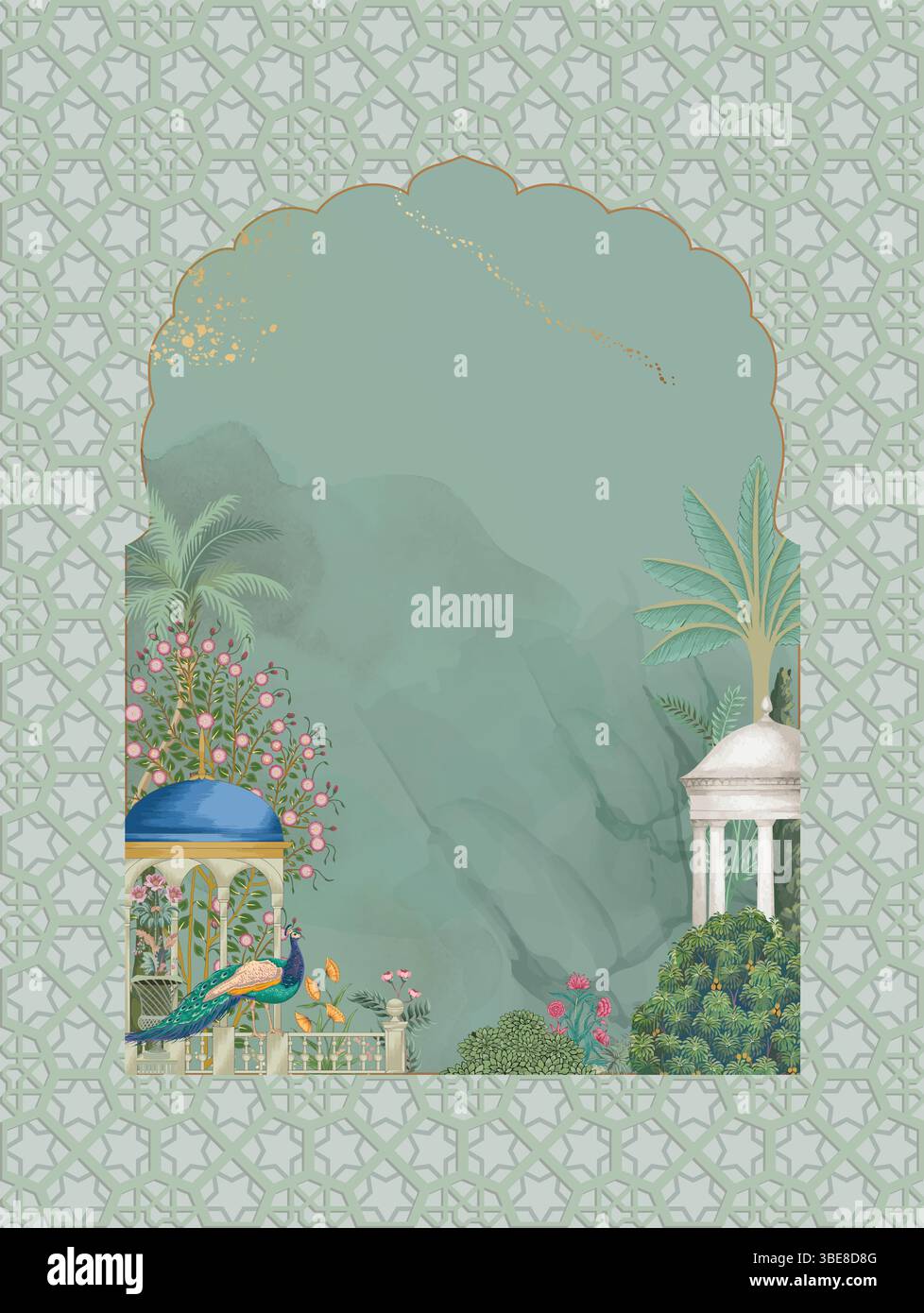 Mughal garden with arch, plant, peacock illustration. Traditional ...