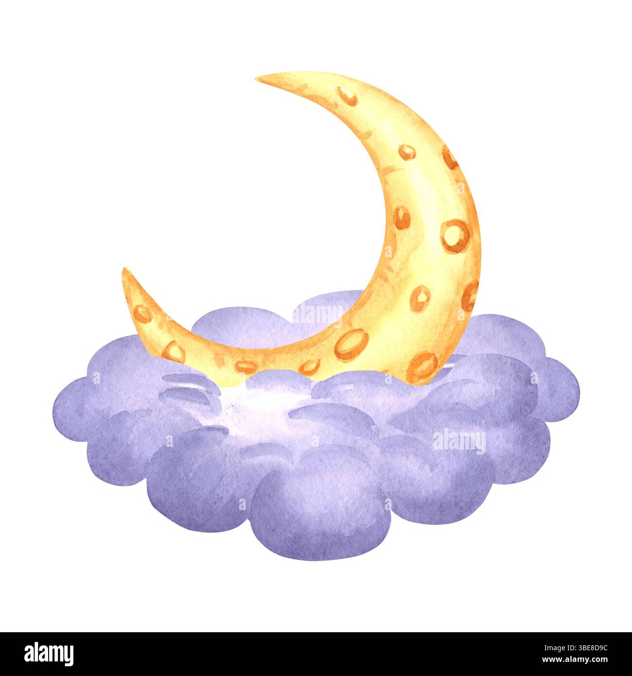 Yellow crescent moon in soft night clouds watercolor isolated ...