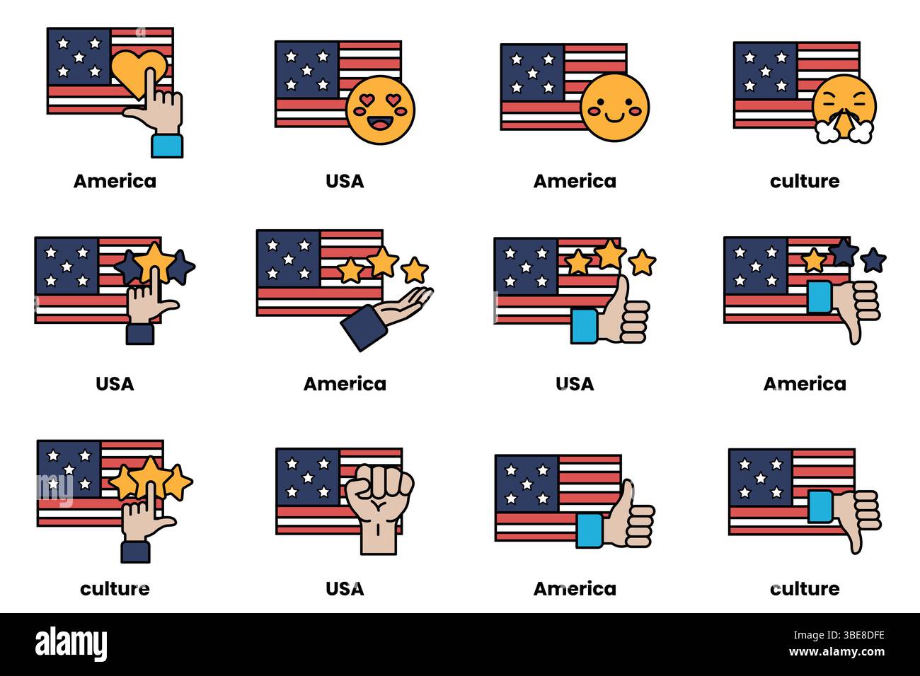The image is a set of cartoon faces with the American flag in the ...