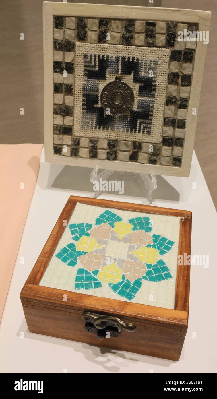 A photo shows exhibits at the Palestinian booth in the Commons Pavilion ...