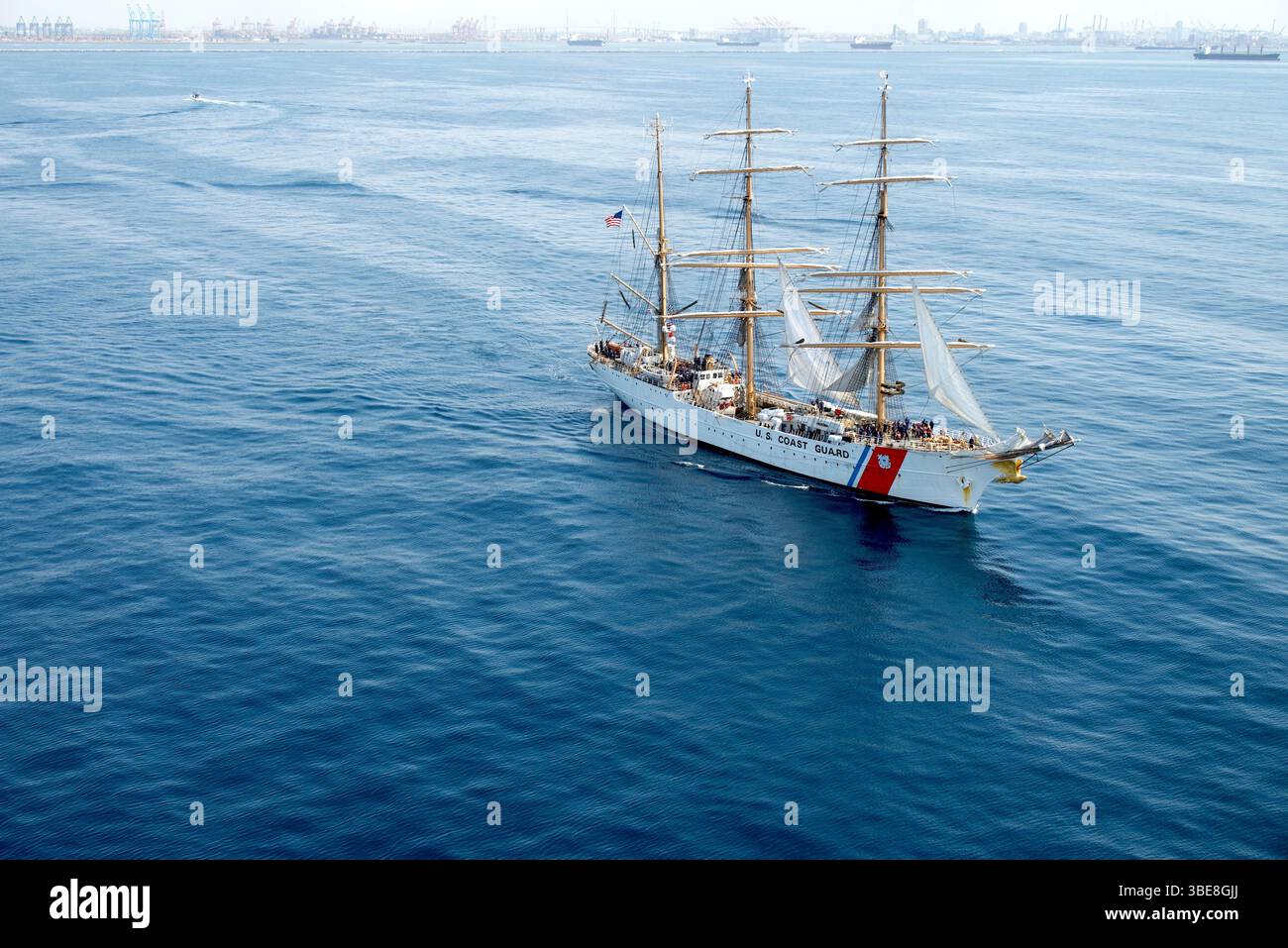 The U.S. Coast Guard Cutter Eagle, seen from inside a Coast Guard MH ...