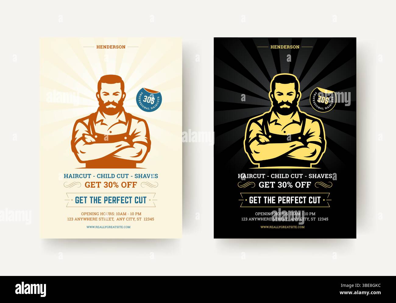 Professional barbershop flyer template with bold retro illustration ...