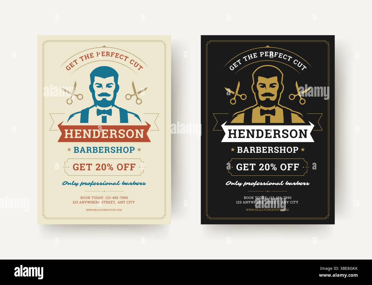 Barbershop flyer layout featuring a traditional barber character ...