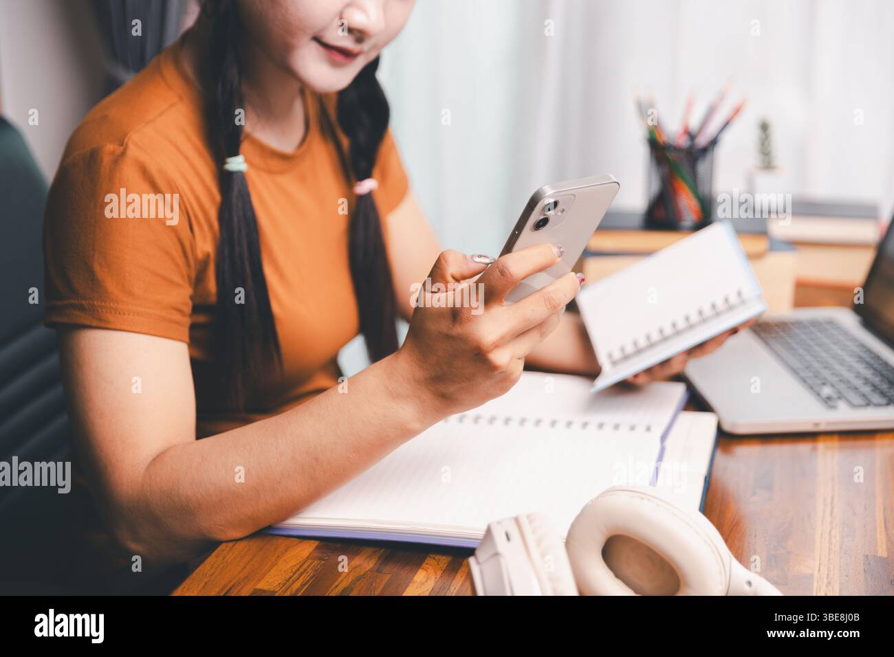 Homeschool Asian girl student learning virtual internet online class ...