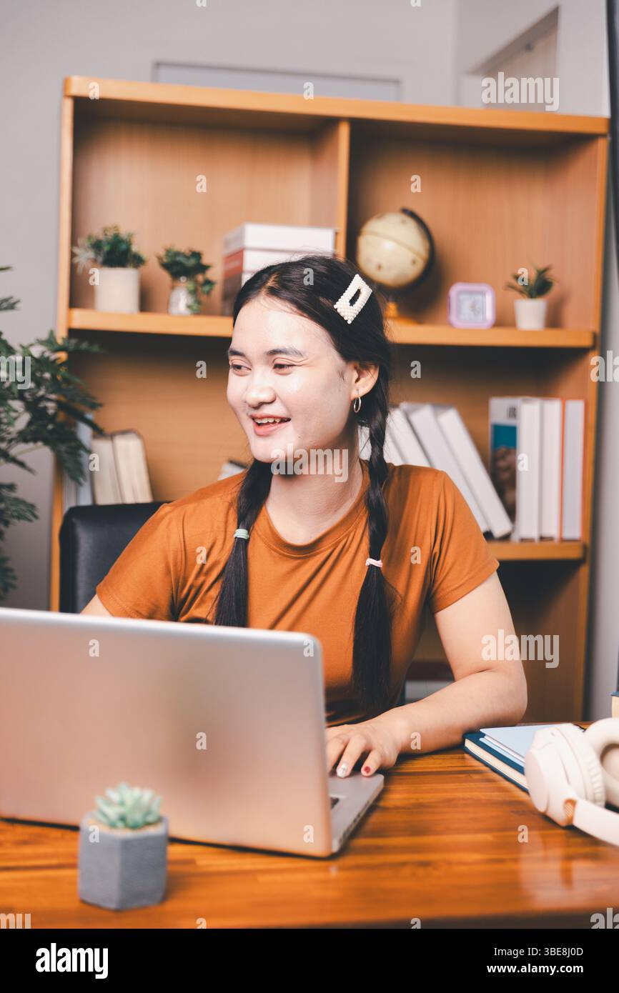 Homeschool Asian girl student learning virtual internet online class ...