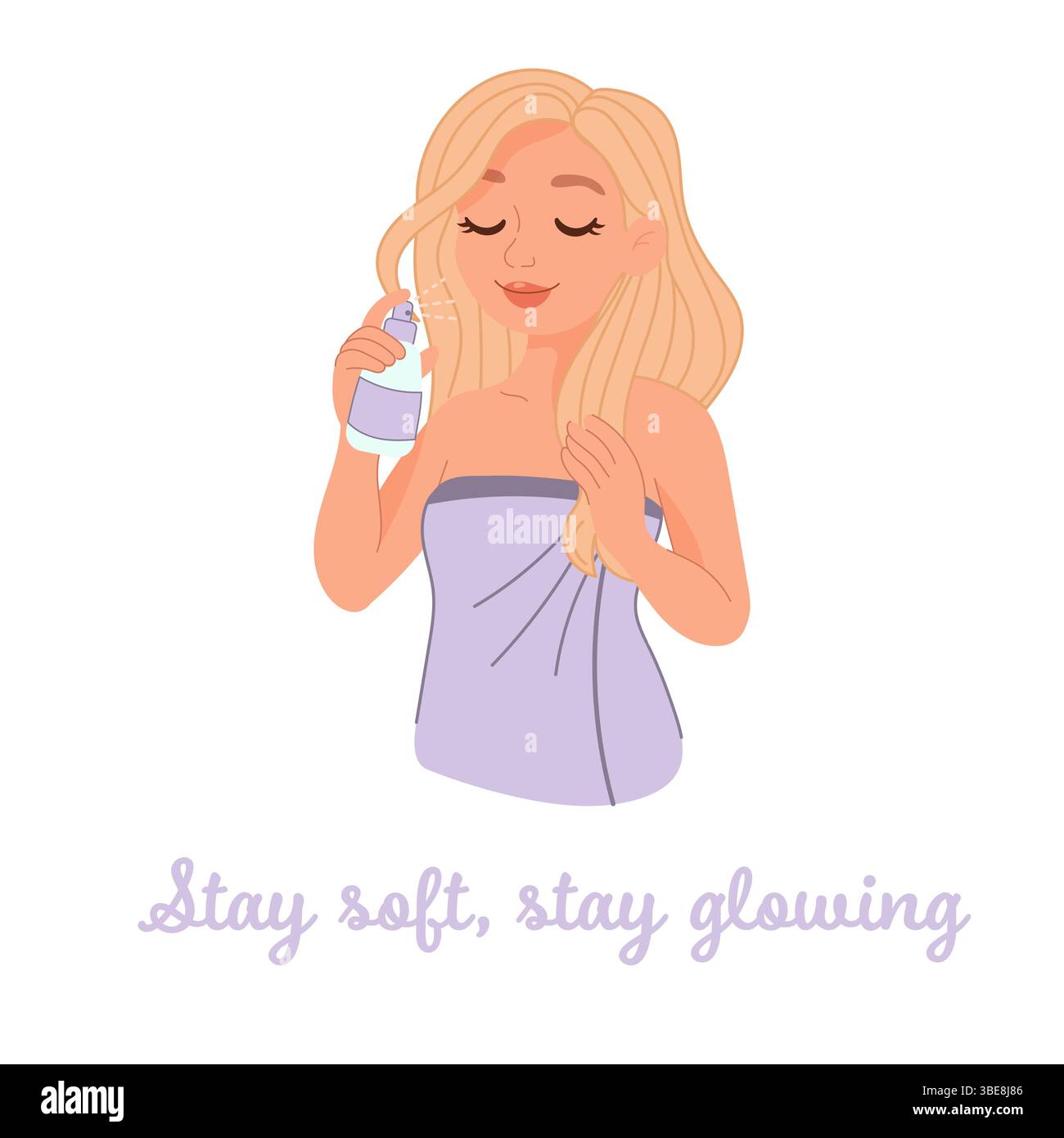 Illustration of blonde woman spraying hair mist, smiling, with ...