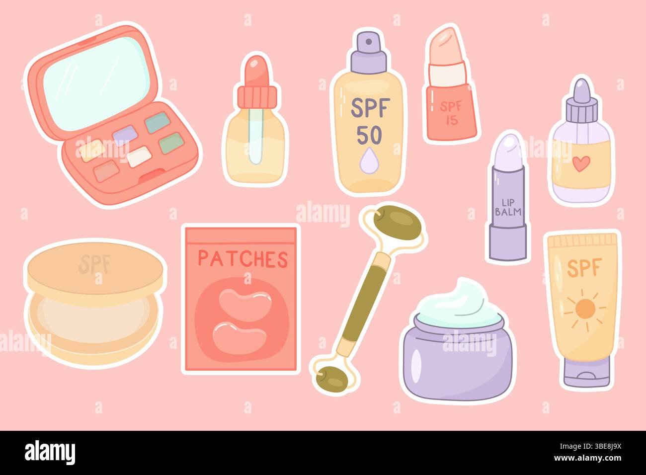 Cartoon style beauty product set with SPF, serum, lip balm, patches and ...