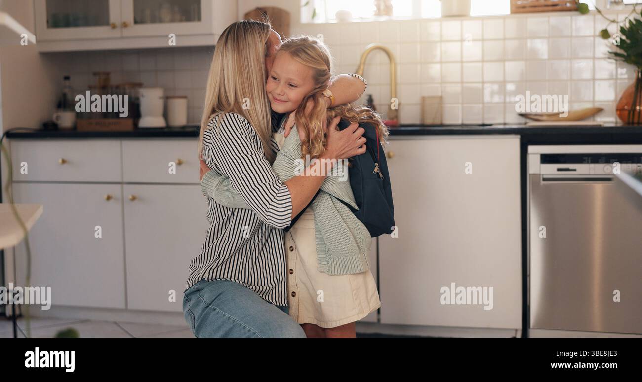 Kitchen, mother and child with hug for school, goodbye and bonding together with morning routine ...