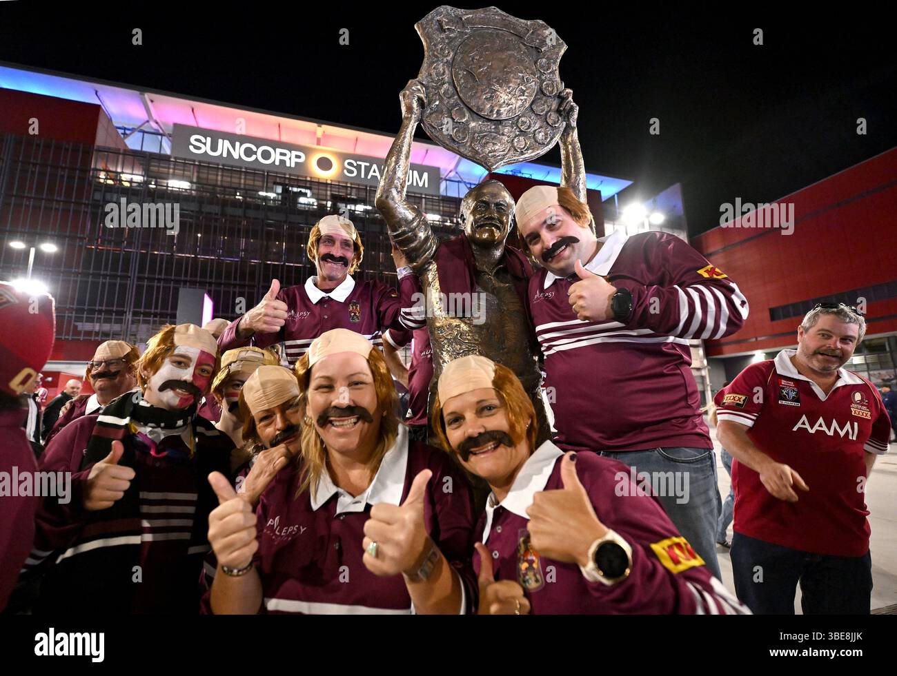 Brisbane, Australia. 28th May, 2025. Maroons fans don Wally Lewis ...