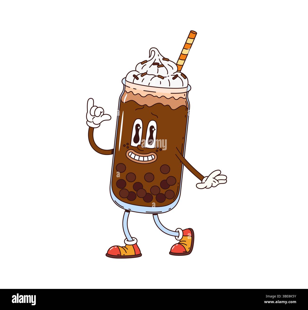 Cartoon groovy bubble tea cup dessert character with a straw and ...