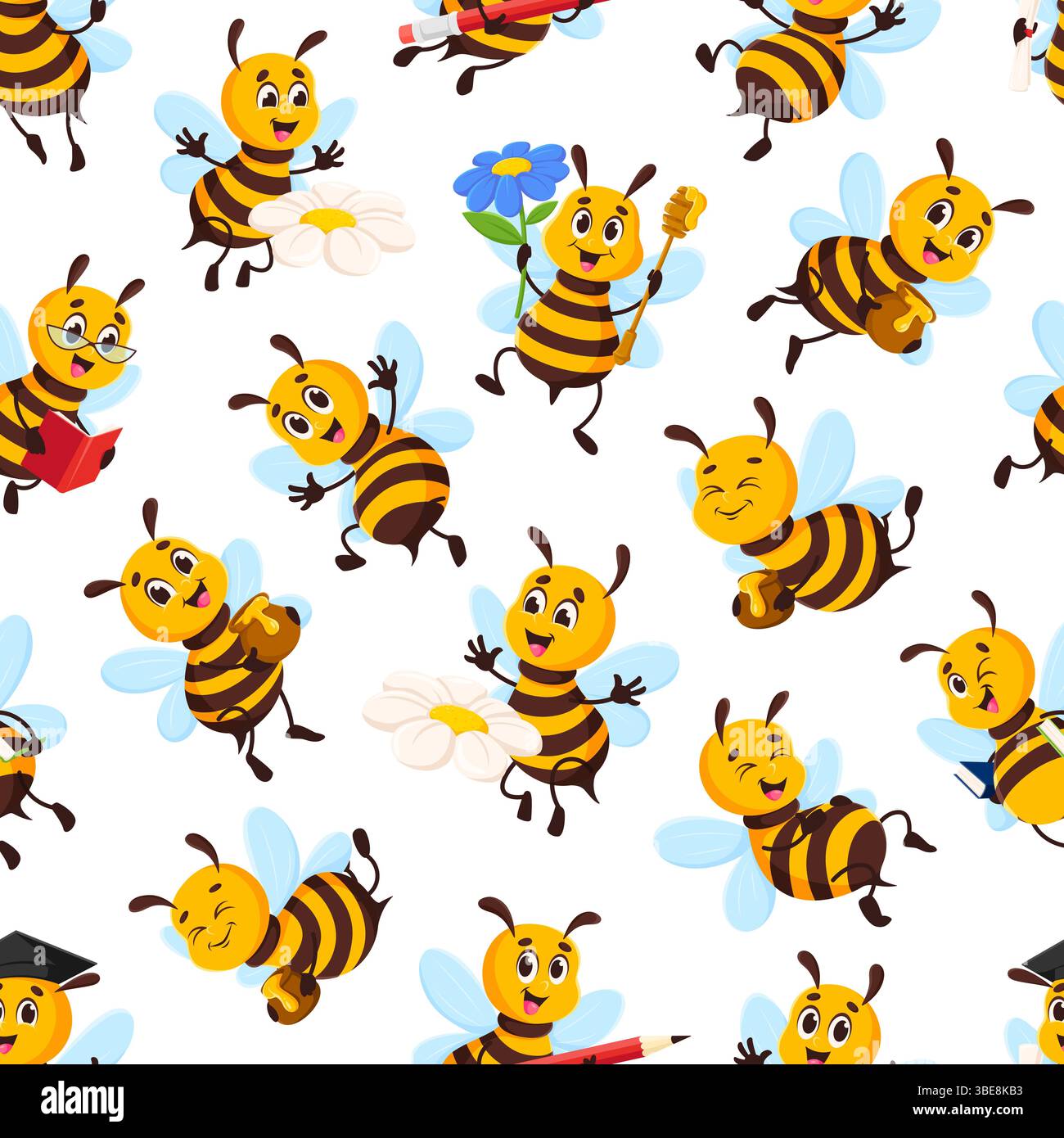 Cartoon honey bee characters seamless pattern with cute bee insects ...