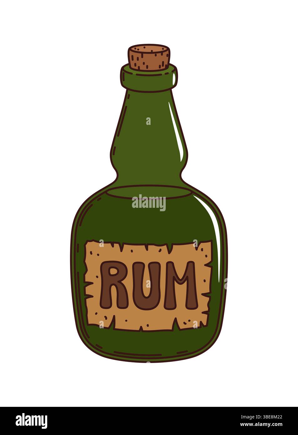 Cartoon groovy pirate and corsair rum bottle, retro green glass flask ...