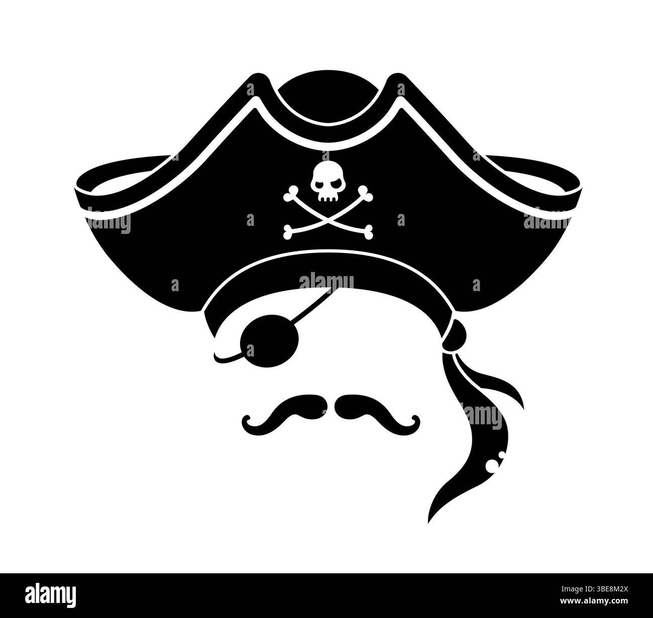 Photo booth mask with pirate tricorn hat and eye patch, skull crossbones, moustaches and ...