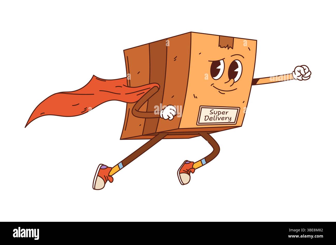 Cartoon groovy delivery cardboard box superhero character. Vector post ...
