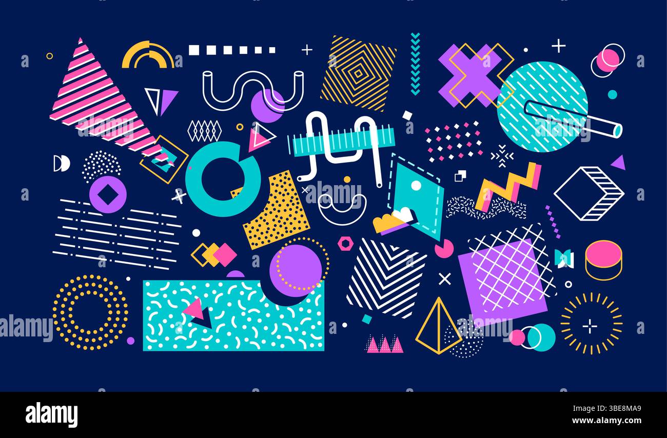90s pop art retro element shapes background. Vector chaotic arrangement ...