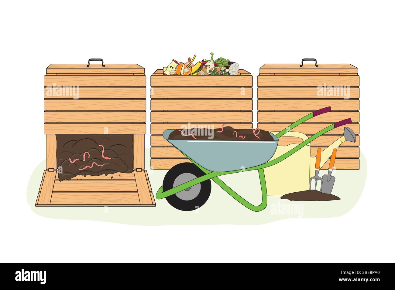 Illustration of compost bin and gardening tools. Recycling organic ...