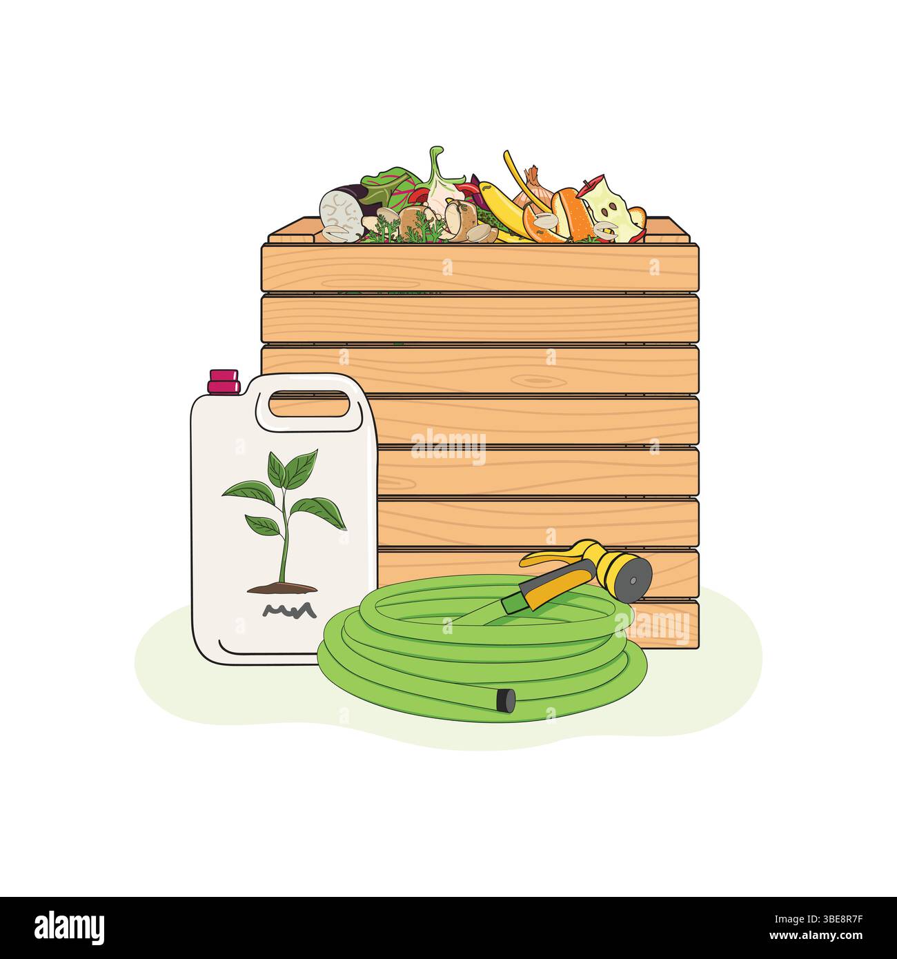 Illustration of compost bin and gardening tools. Recycling organic waste. Sustainable ...