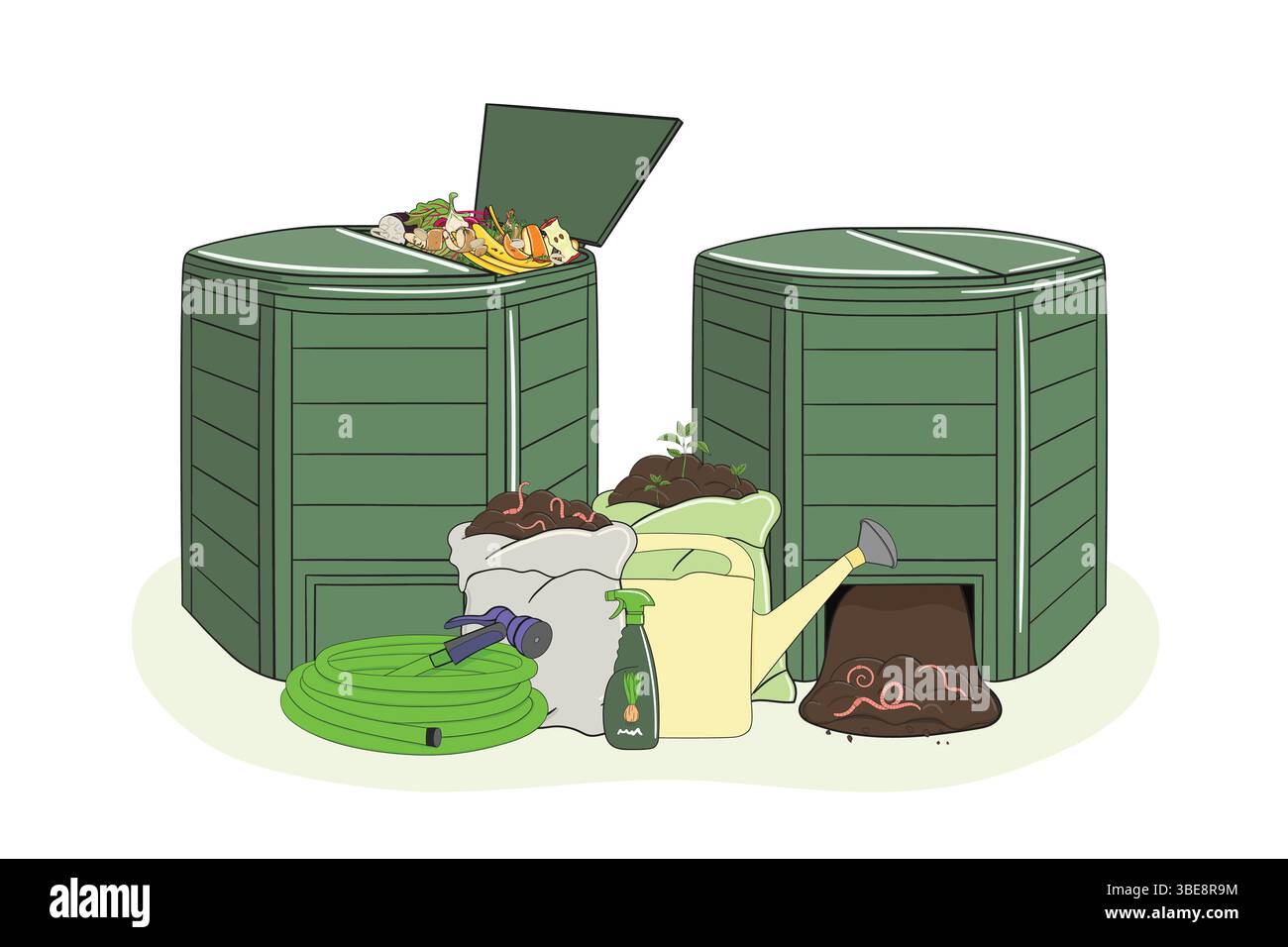 Illustration of compost bin and gardening tools. Recycling organic ...