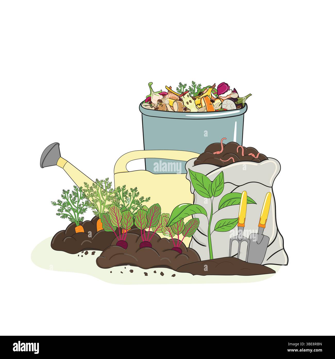Illustration of compost bin and gardening tools. Recycling organic ...
