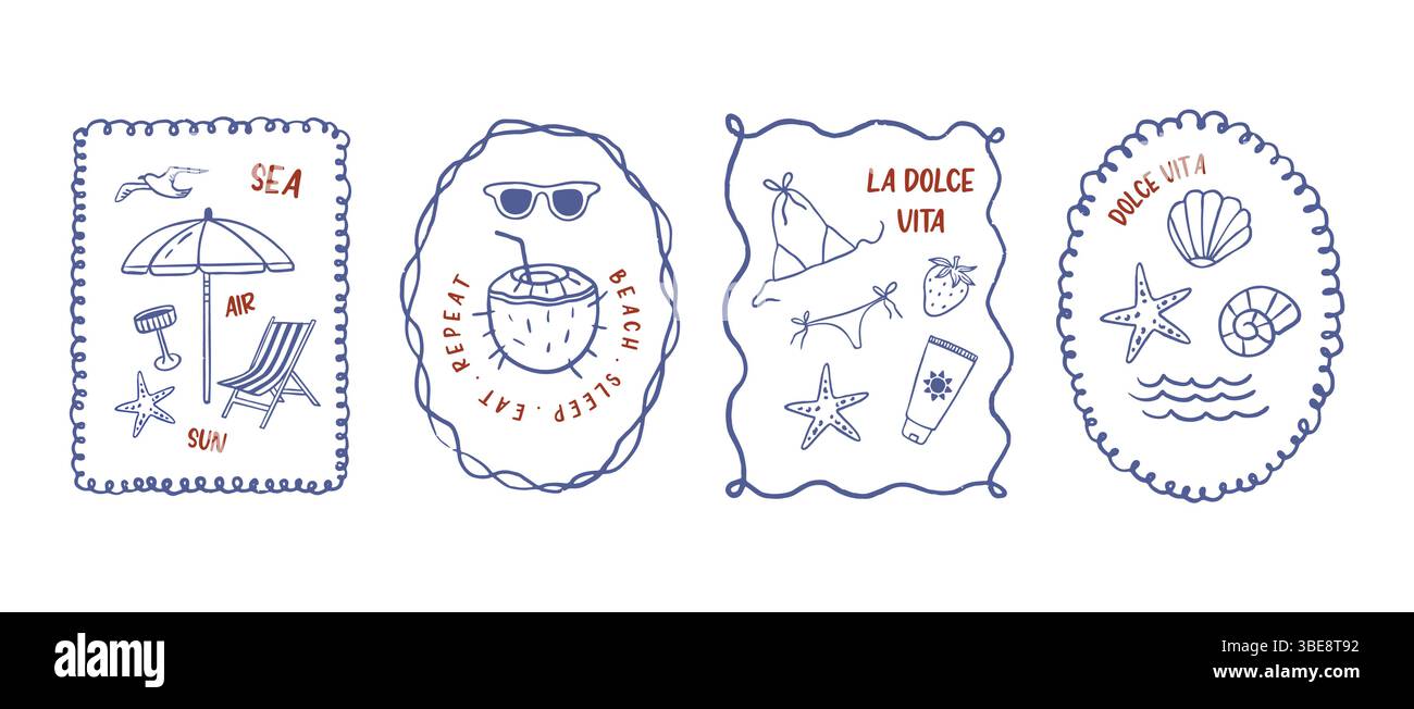 Hand draw summer posters collection. Crayon drawing style, Italian la ...