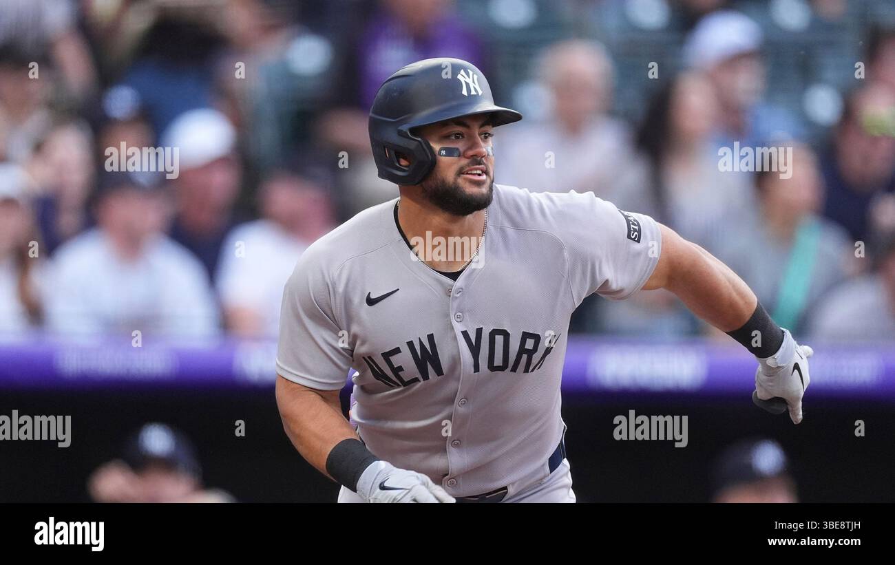 New York Yankees left fielder Jasson Domínguez (24) in the first inning ...
