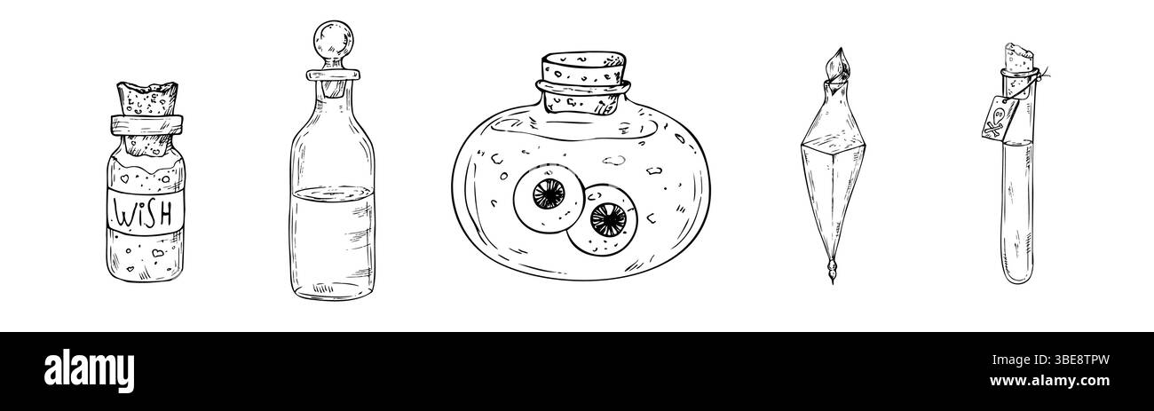 Vector set of Glass potion bottles with cork and eyes, death symbol ...