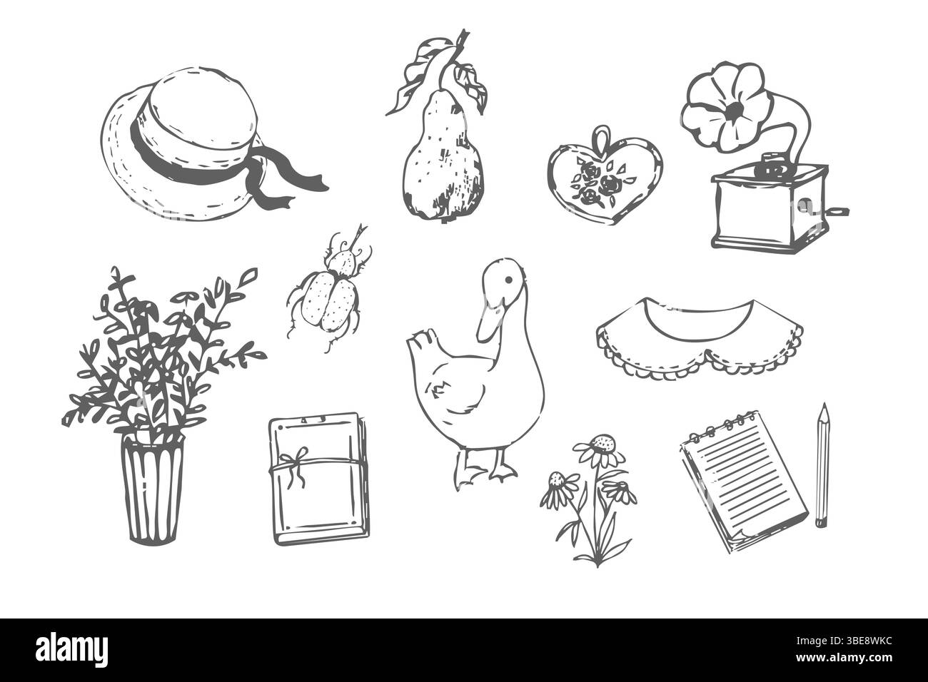 Cottagecore set cosy country rural things sketch. Retro cute whimsy ...