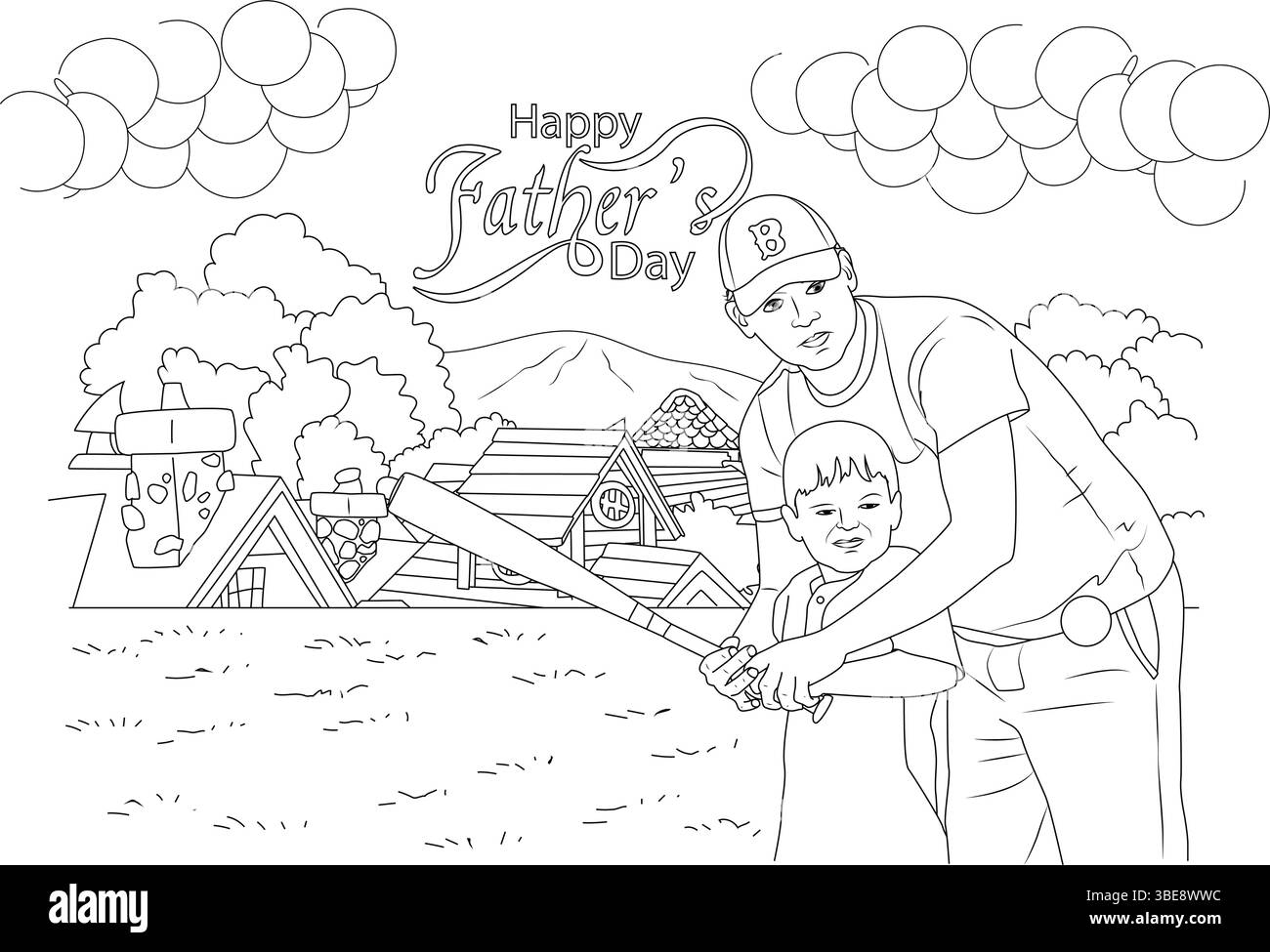 Line art illustration perfect for a coloring page, depicting a father ...