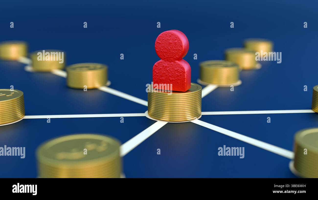 A 3D rendering of network or organizational structure. At the center, a ...