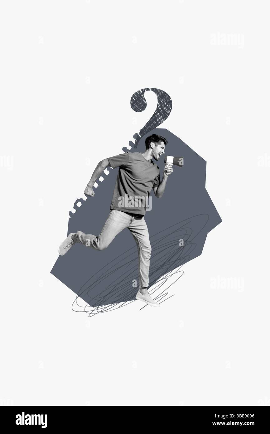 Collage of surprised person standing near big question mark with dreamy ...