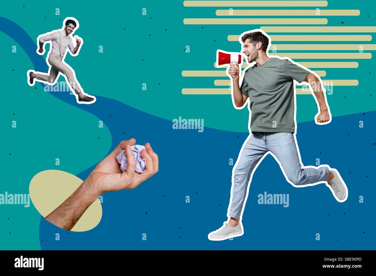 Exclusive magazine sketch collage image of two happy men run path ...