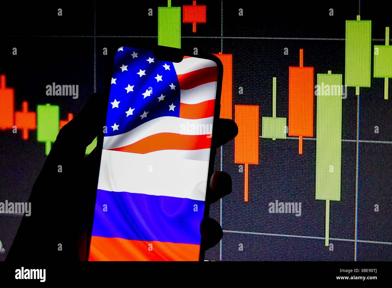 In this photo illustration, the United States and Russian flags seen ...