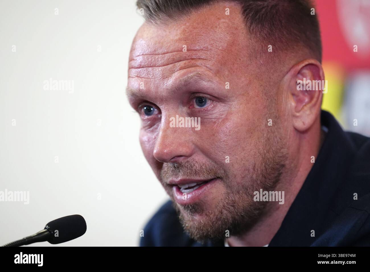 Wales manager Craig Bellamy speaking to members of the media during a ...