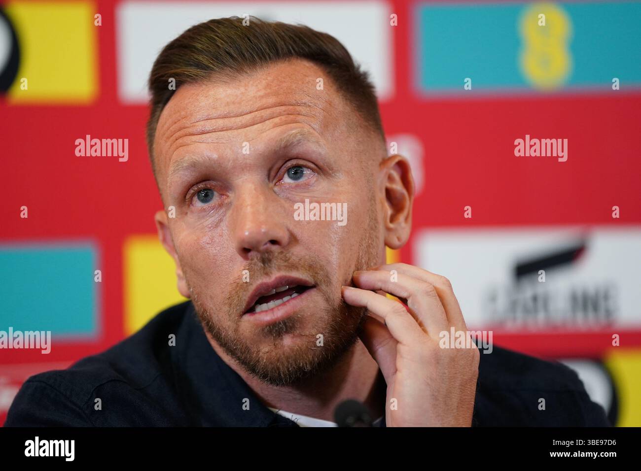 Wales manager Craig Bellamy speaking to members of the media during a ...