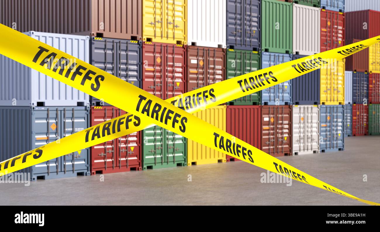 Yellow barrier tape with the word tariffs shipping containers 3d Stock ...